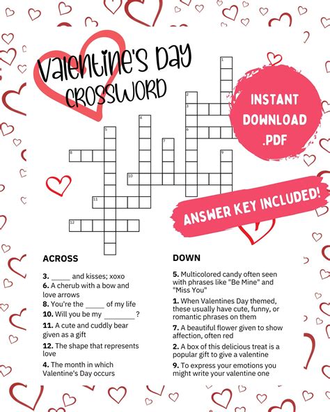 Valentine S Day Crossword With Answer Key Printable Valentine S Day