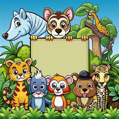 Uma ilustração de desenho animado de animais e um sinal uma moldura