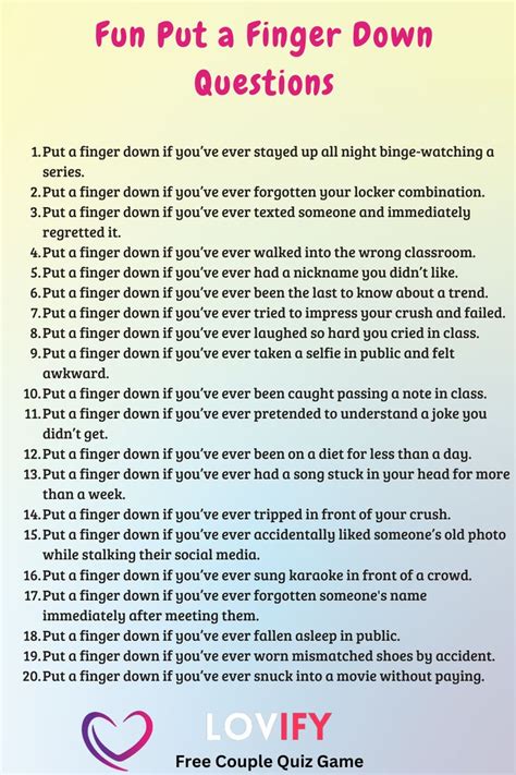 Fun Put A Finger Down Questions Get Lovify App For Fun Couple Quizzes