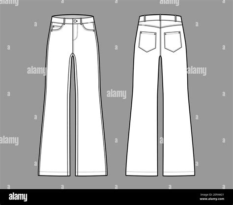 Set Of Jeans Wide Leg Denim Pants Technical Fashion Illustration With