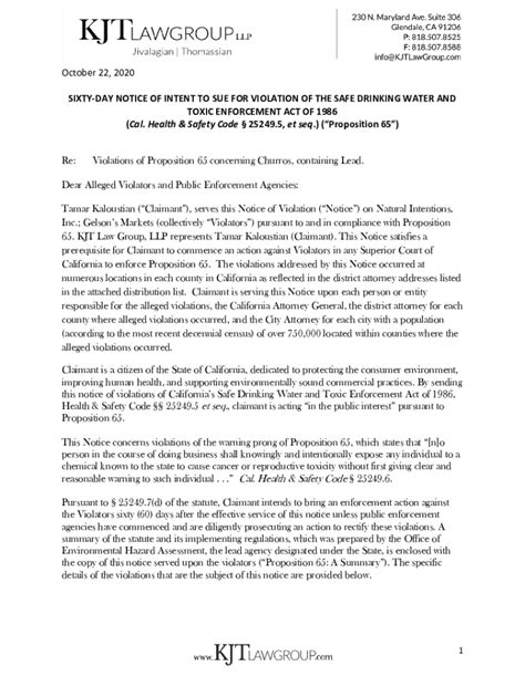 Fillable Online Oag Ca October 22 2020 SIXTY DAY NOTICE OF INTENT TO