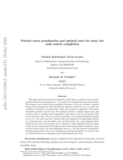 pdf nuclear norm penalization and optimal rates for noisy low rank matrix completion