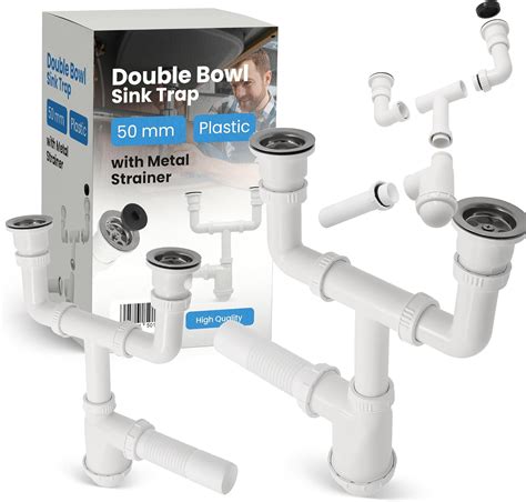 DoppelSiphon 50 mm Für Doppelwaschbecken mit Abflusssieb Metall Sieb