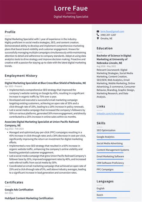 LinkedIn Digital Marketing Specialist Resume Examples