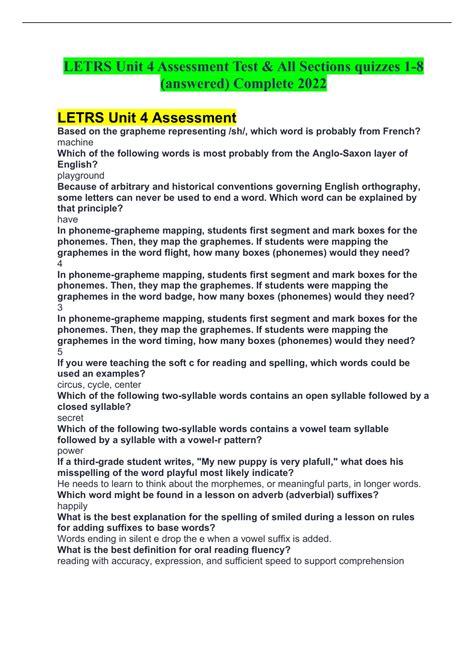 Letrs Unit Assessment Test All Sections Quizzes Answered