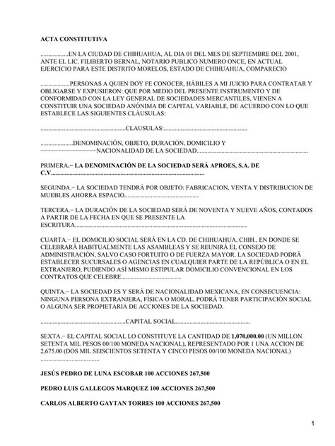 Acta de constitución de sociedad mercantil
