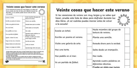 Ficha De Actividad 20 Cosas Para Este Verano Twinkl