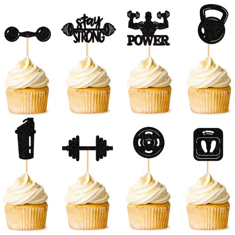 Blumomon 24Pcs Glitter Gym Theme Cupcake Toppers Weight Lifting Cupcake