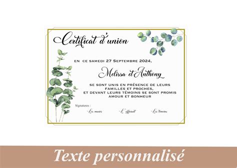 Certificat de mariage d union pour cérémonie laïque Etsy France