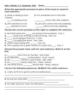 3rd Grade Wonders GRAMMAR Unit 5 Weeks 1 3 Grammar Assessment By Grayline
