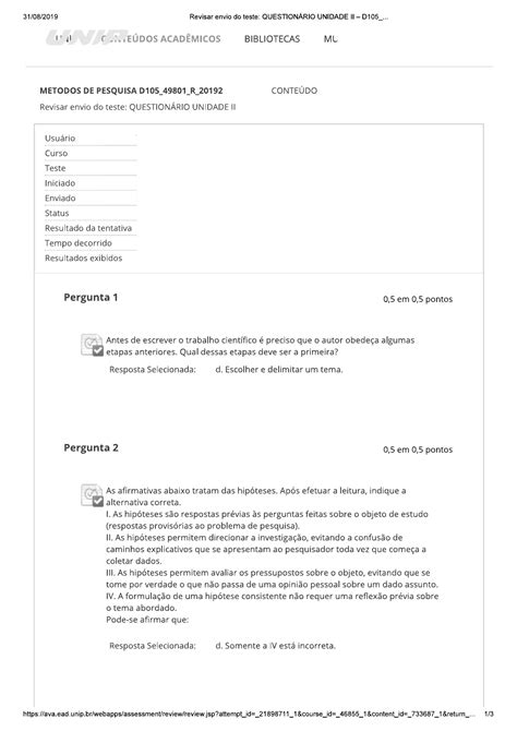M Todos De Pesquisa Question Rio Unidade Ii Unip Metodologia De