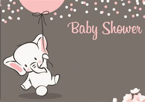 An Elephant Holding A Pink Balloon With The Words Baby Shower On It S Side