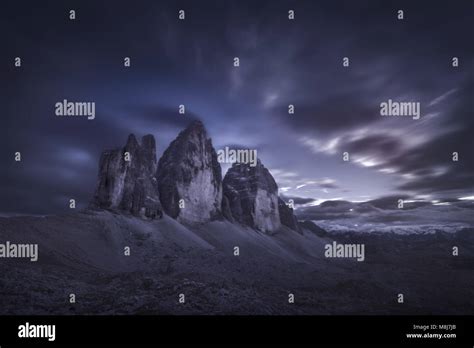Beautiful Moody Landscape At Dusk Of Tre Cime Di Lavaredo Or Drei