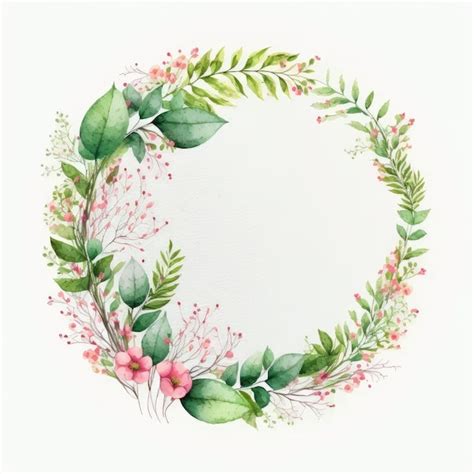 Marco de círculo de flor rosa y hojas verdes con pintura de acuarela de