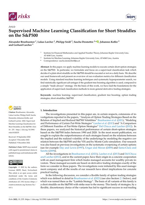 pdf supervised machine learning classification for short straddles on the sandp500