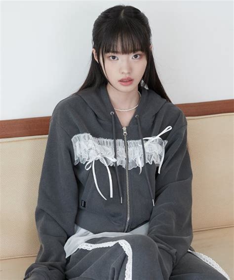 MUSINSA ZIZEMUSEUM LACE RIBBON PIGMENT HOODY CHARCOAL