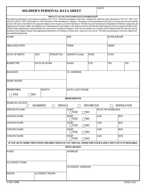 Army Personal Data Sheet Pdf Army Military