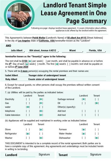 Landlord Tenant Simple Lease Agreement In One Page Summary Presentation