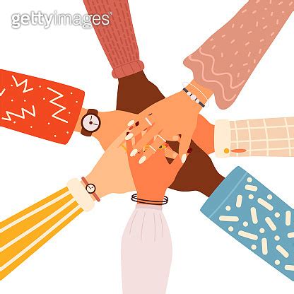 Concept Of Team Work Friends With Stack Of Hands Showing Unity And