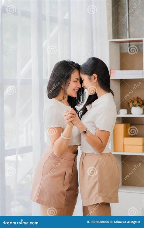 Lesbian Couple Concept Beautiful Asian Girllesbian Couple In A Room At Home With A Smiling Face