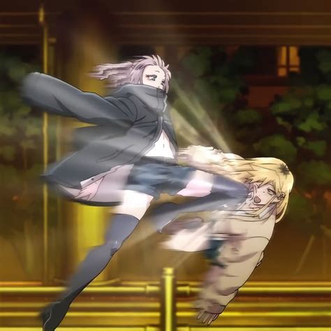 Two Anime Characters Are In The Air With Their Arms Out And One Is