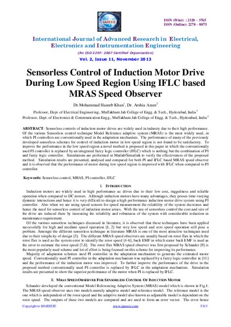 pdf sensorless control of induction motor drive during low speed region using iflc based mras