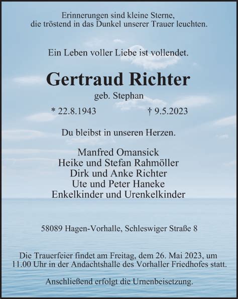 Traueranzeigen Von Gertraud Richter Trauer In Nrw De
