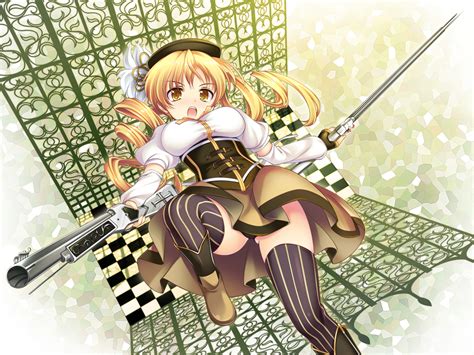 Blonde Hair Gun Mahou Shoujo Madoka Magica Skirt Tebukuro Thighhighs Tomoe Mami Upskirt Weapon