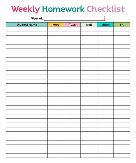 Weekly Student Homework Checklists Printable Homework Checklist
