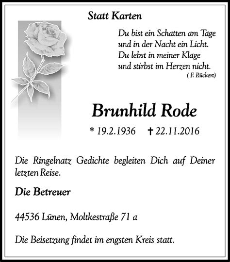 Traueranzeigen Von Brunhild Rode Trauer In NRW De
