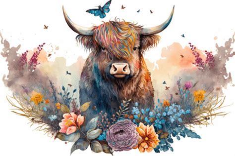 Watercolor Highland Cow With Flowers Graphic By Xmerch Creative Fabrica