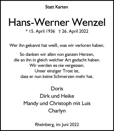Traueranzeigen Von Hans Werner Wenzel Trauer In NRW De