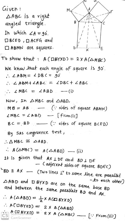 in figure abc is a right triangle right angled at a bced acfg and abmn are square on the sides