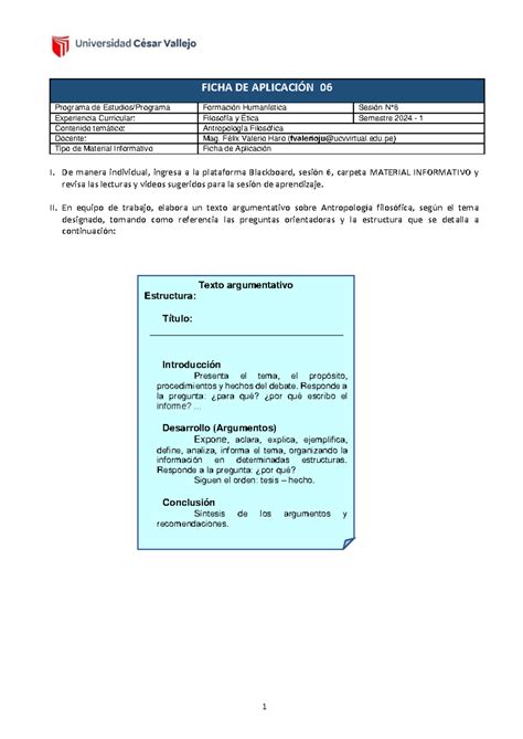 Ficha DE Aplicación 6 Filosofia Y Etica FICHA DE APLICACIÓN 06