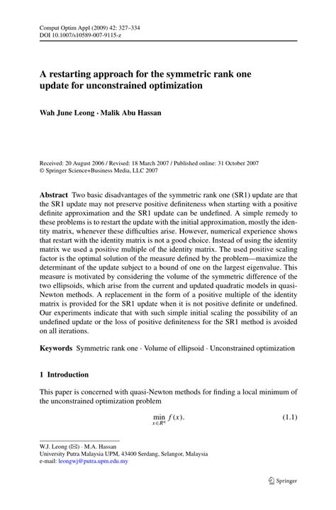 pdf a restarting approach for the symmetric rank one update for unconstrained optimization