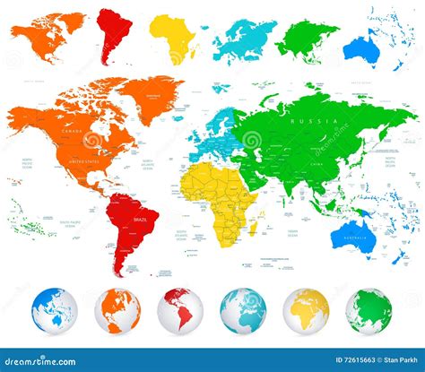 Detailed Vector World Map With Colorful Continents Stock Vector