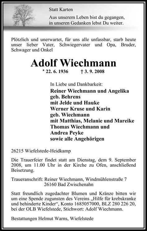 Traueranzeigen Von Adolf Wiechmann Nordwest Trauer De