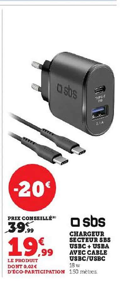 Promo Chargeur Secteur Sbs Usbc Usba Avec Câble Usbc usbc chez Super
