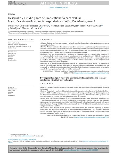 PDF Desarrollo Y Estudio Piloto De Un Cuestionario Para Evaluar La