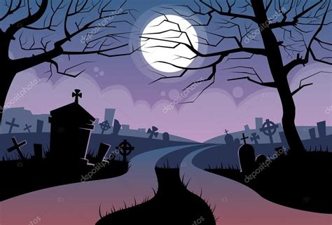 River Halloween Moon Cemetery Banner Graveyard Card Flat Vector