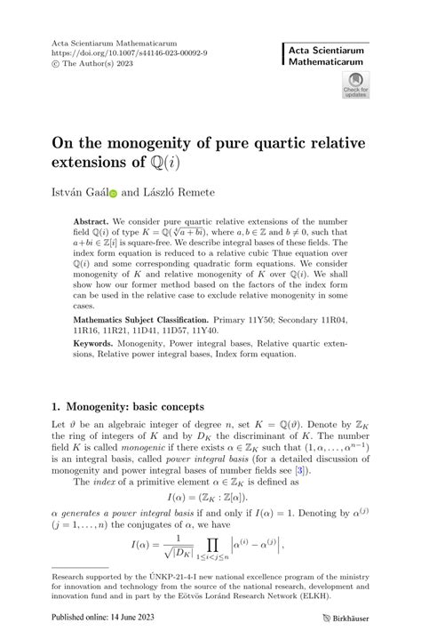 pdf on the monogenity of pure quartic relative extensions of {{ mathbb {q}}} i