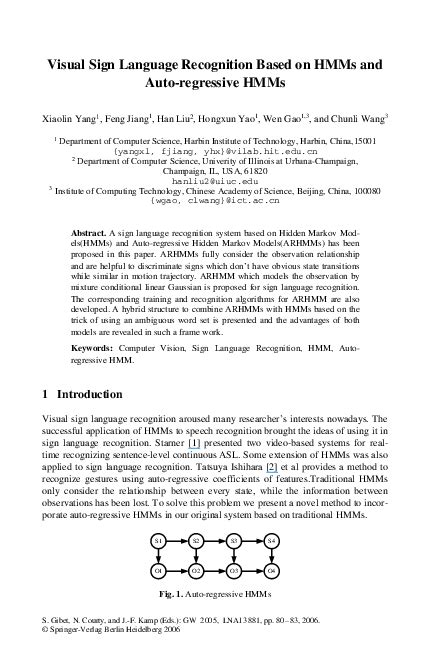 pdf visual sign language recognition based on hmms and auto regressive hmms xiaolin yang