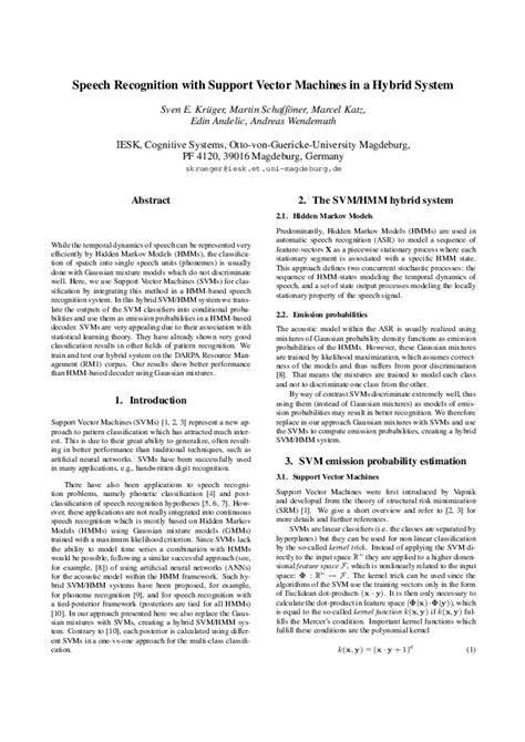 pdf speech recognition with support vector machines in a hybrid system andreas wendemuth