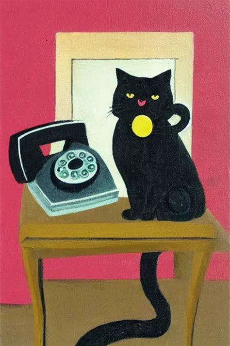 Black Cat Sitting Next To Vintage Telephone Art By Stable Diffusion