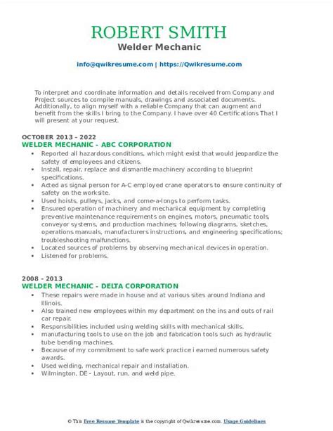 Welder Mechanic Resume Samples QwikResume