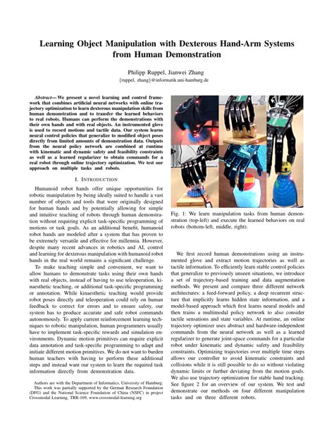 pdf learning object manipulation with dexterous hand arm systems from human demonstration