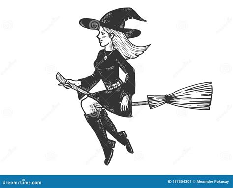Beauty Witch Flying On Broomstick Sketch Vector Stock Vector Illustration Of Sketch Object