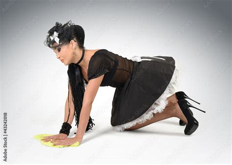 Beautiful Sexy Maid Cleans The Floor Concept Cleaning Stock Photo