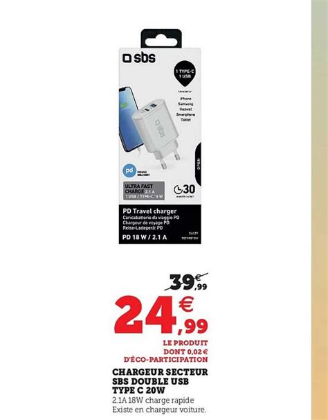 Promo Chargeur Secteur Sbs Double Usb Type C 20w Chez Hyper U