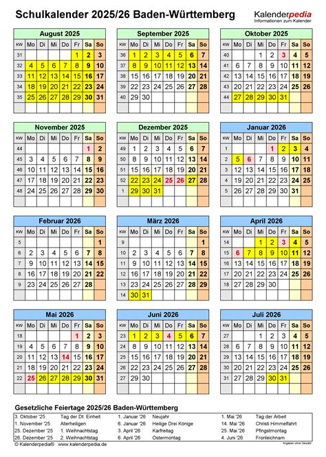 Schulkalender 2025 2026 Baden Württemberg für PDF